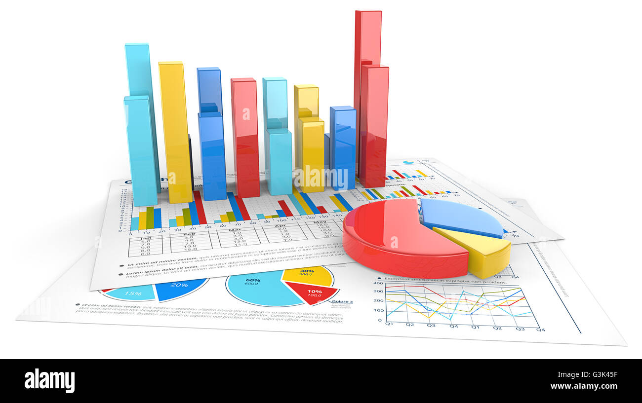 3D render of financial documents with colorful graphs and pie charts ...