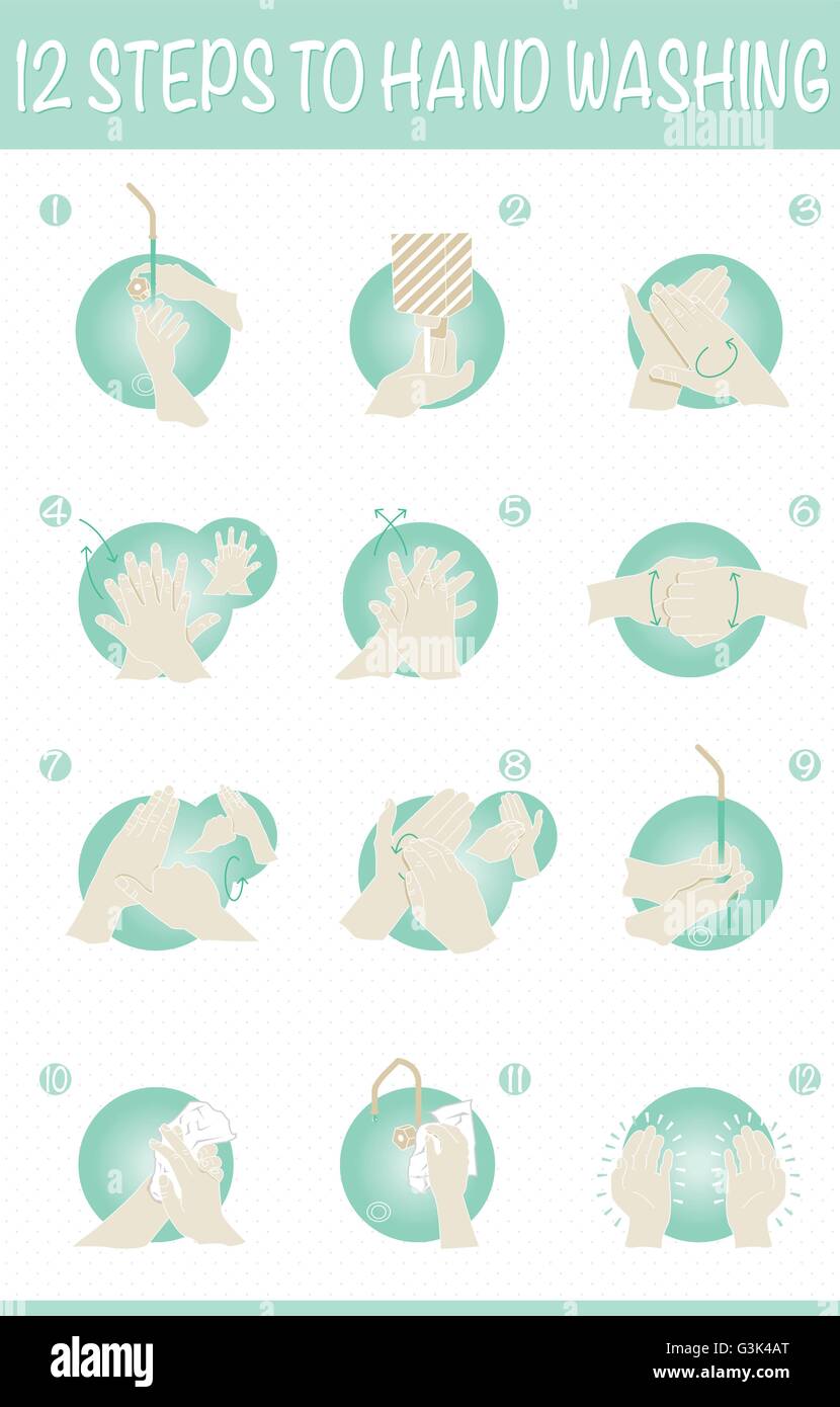 hand washing and hygiene in 12 steps, hand washing Stock Vector Image ...