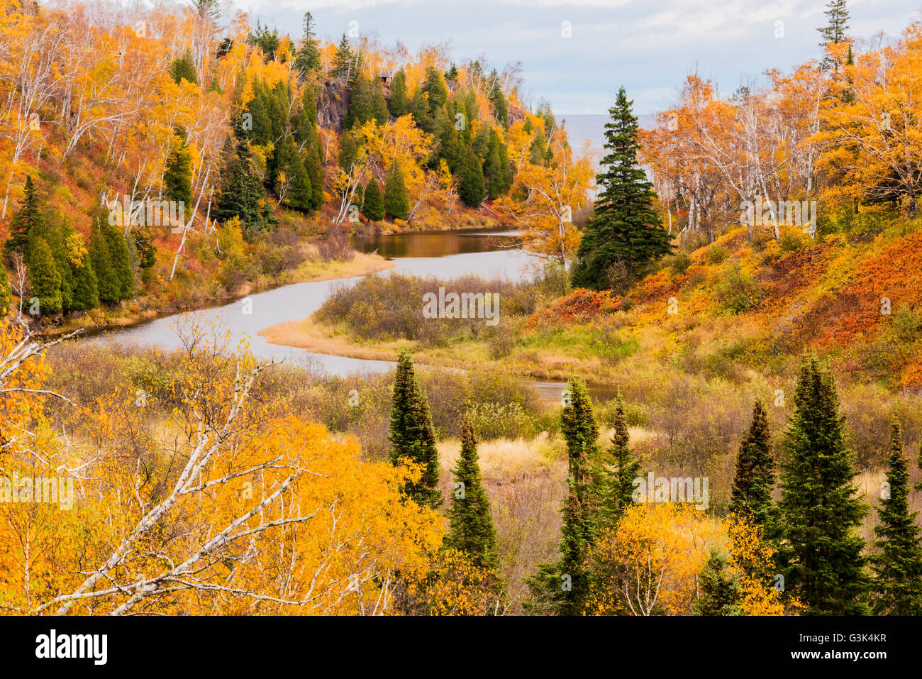 Lake Superior viewed from Gooseberry Falls State Park with autumn color ...