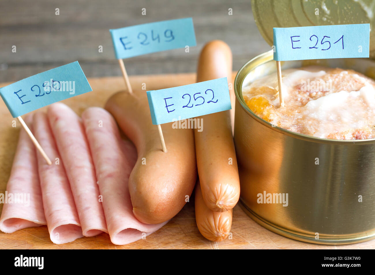 Unhealthy meat poisonous chemical junk food and ingredients Stock Photo ...