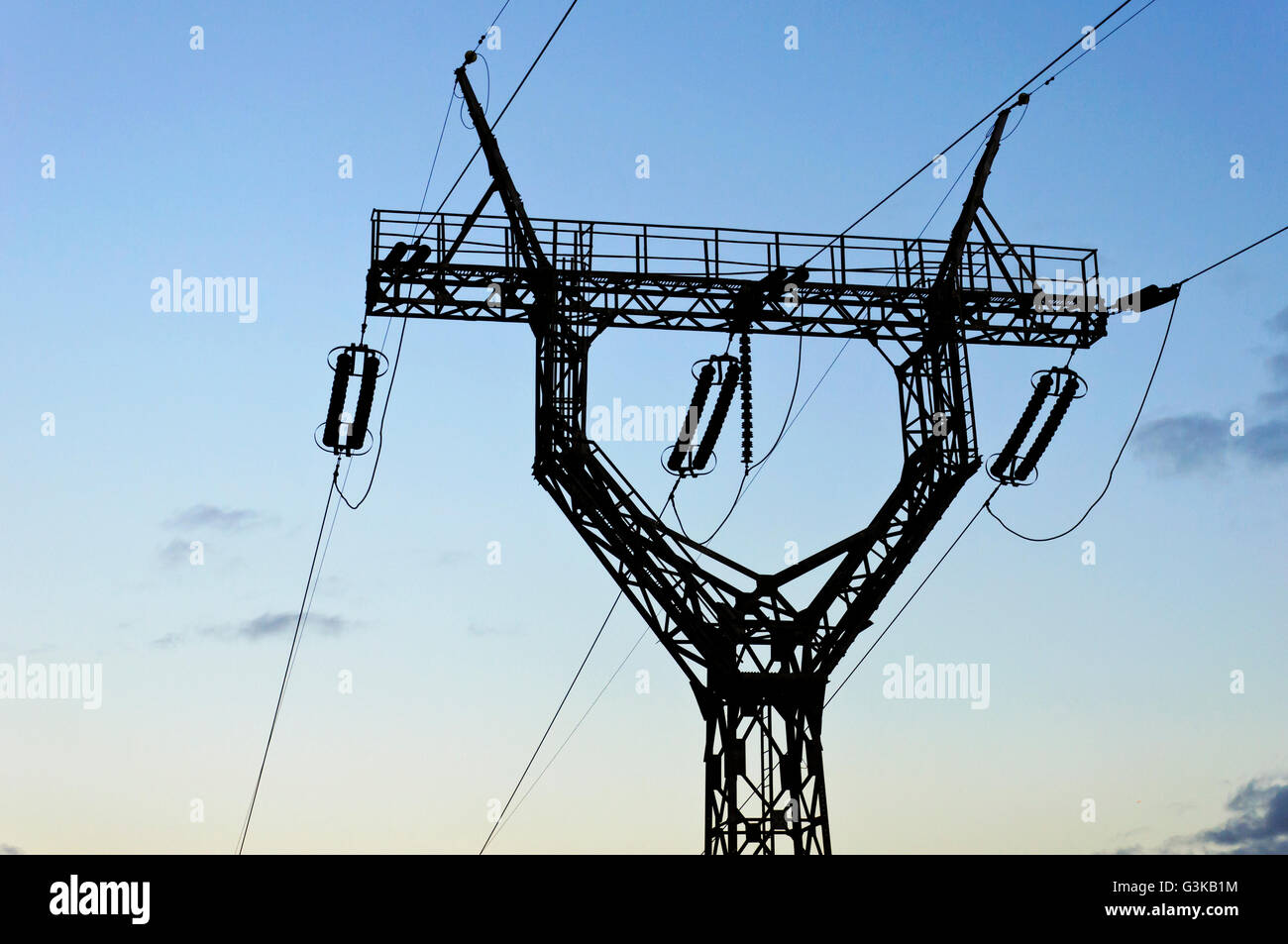 Power line on sunset sky background Stock Photo - Alamy