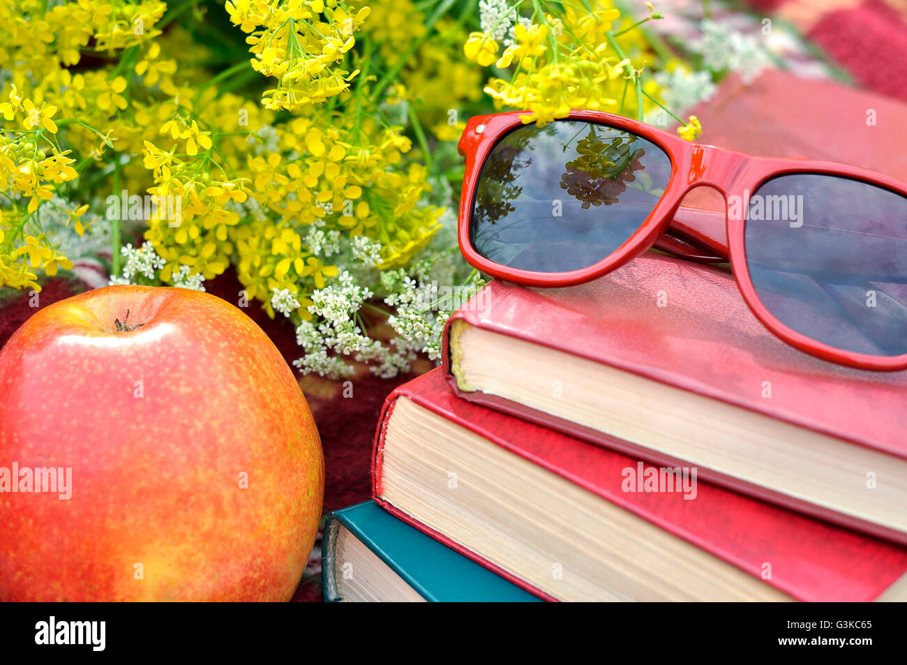 Sunglasses on a stack of books on a plaid with an apple and wildflowers ...