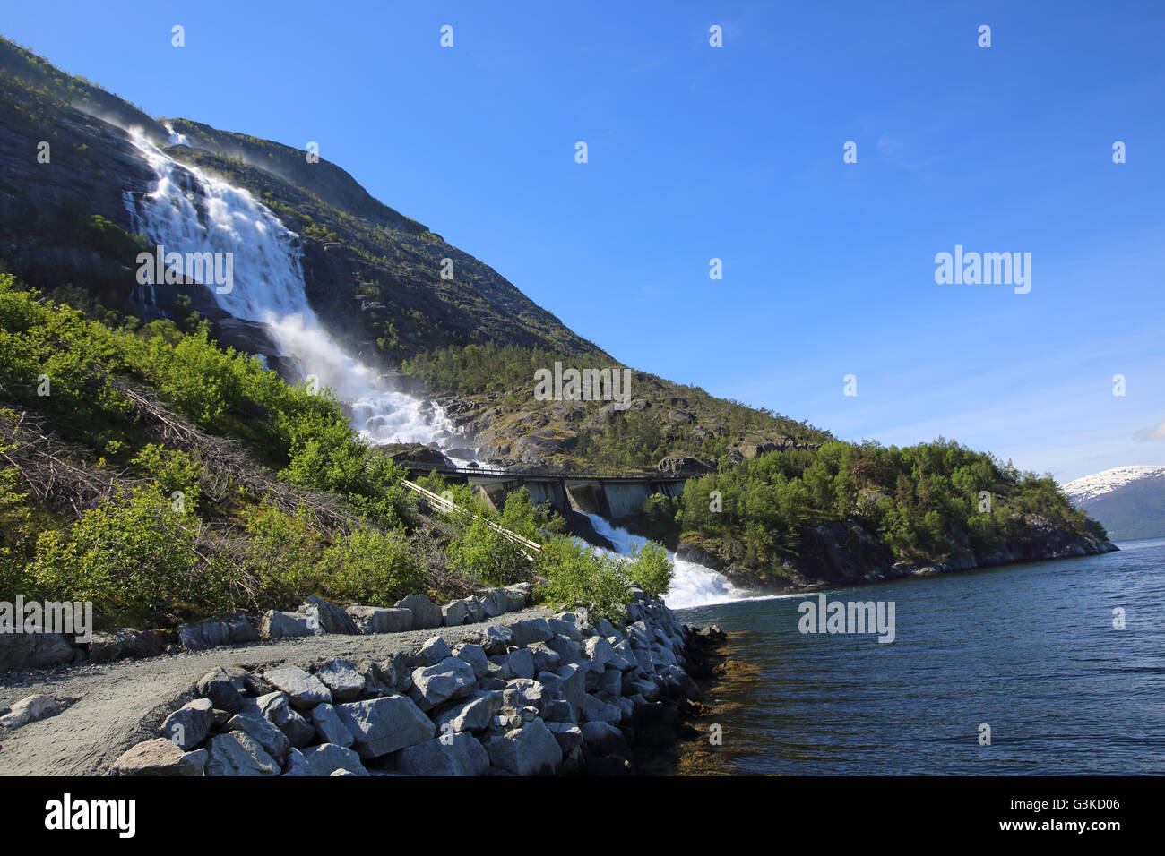View on Langfossen Langfoss waterfall in summer, Etne, Norway Stock ...