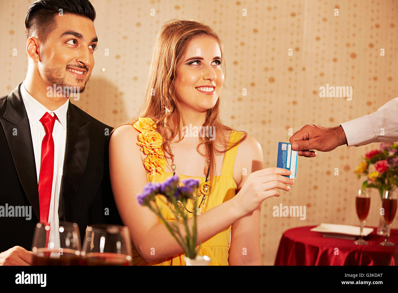 3 People Married Couples Foreigner and Waiter hotel Dinner Giving Bills ...