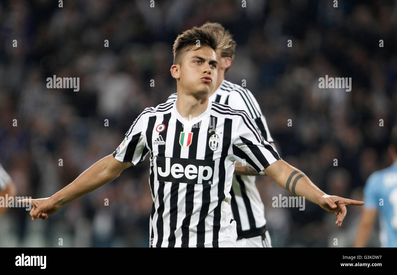Turin, Italy. 20th Apr, 2016. Juventus' Paulo Dybala celebrates after ...