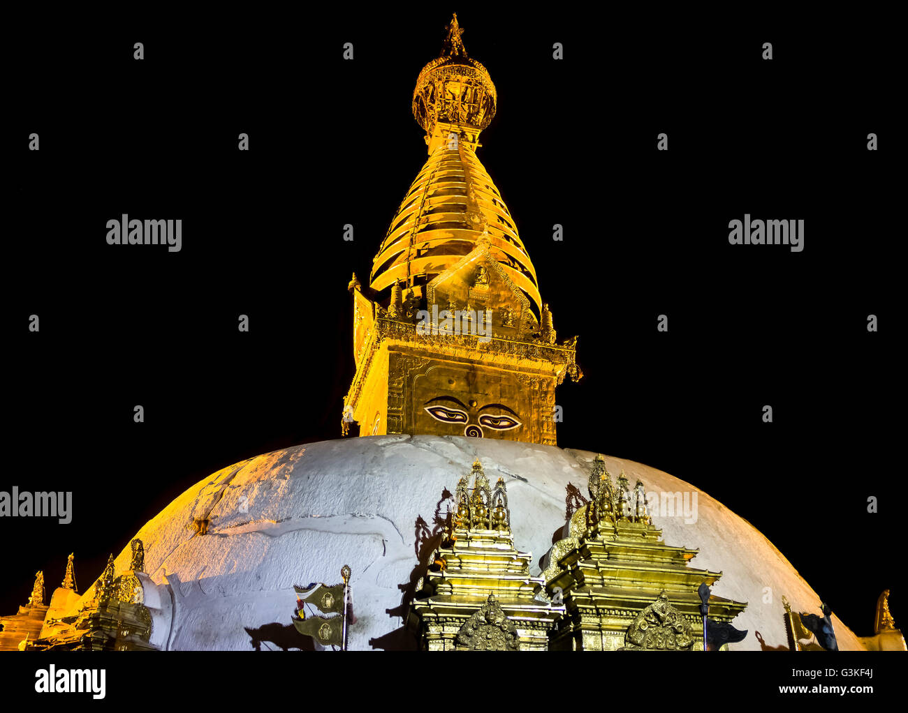 The view of Swayambhunath in a golden colour,photographed at night in ...