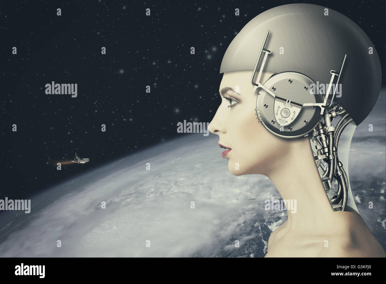 Cyborg woman, abstract science and technology backgrounds. NASA imagery ...