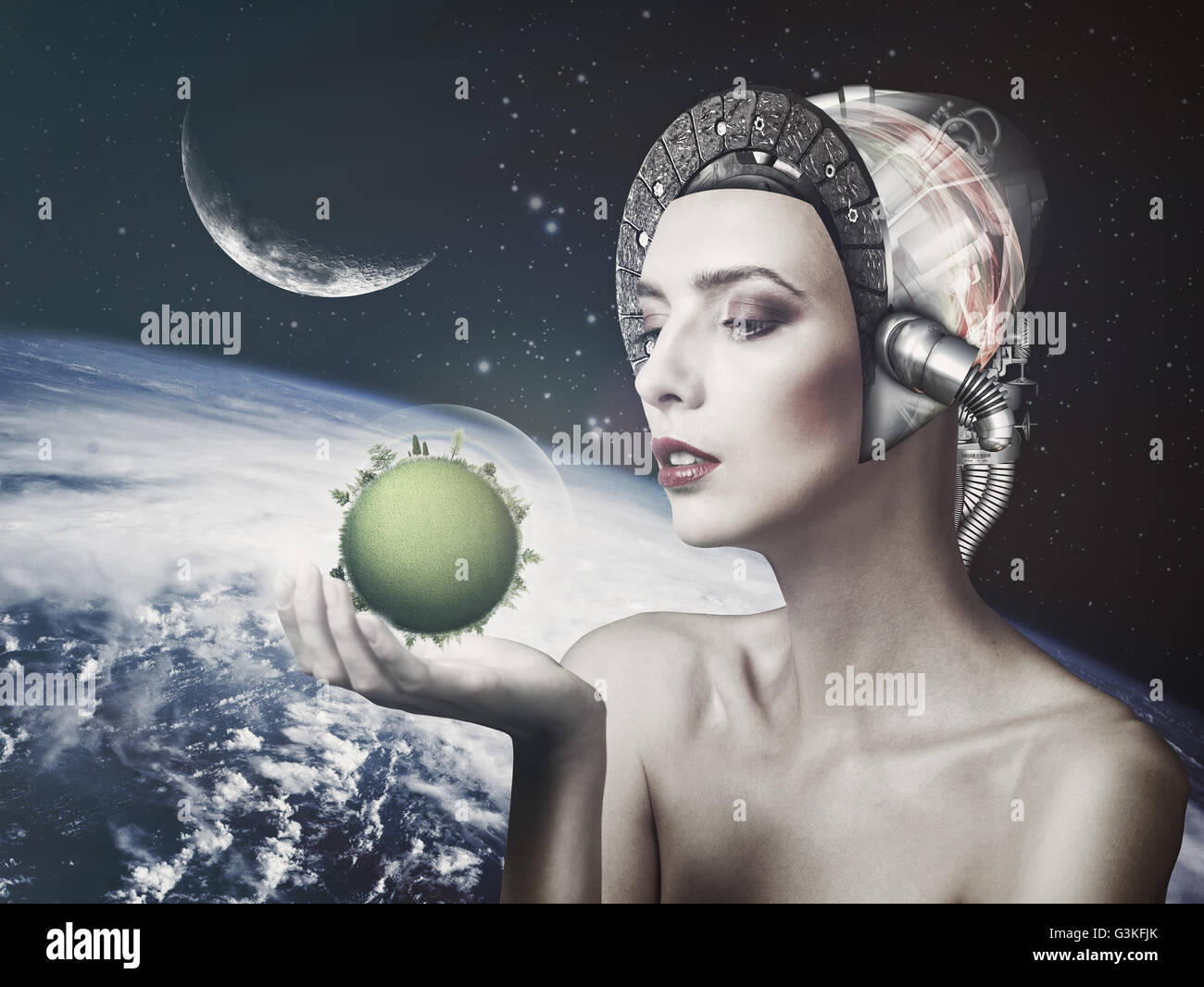 Cyborg woman, abstract science and technology backgrounds. NASA imagery ...