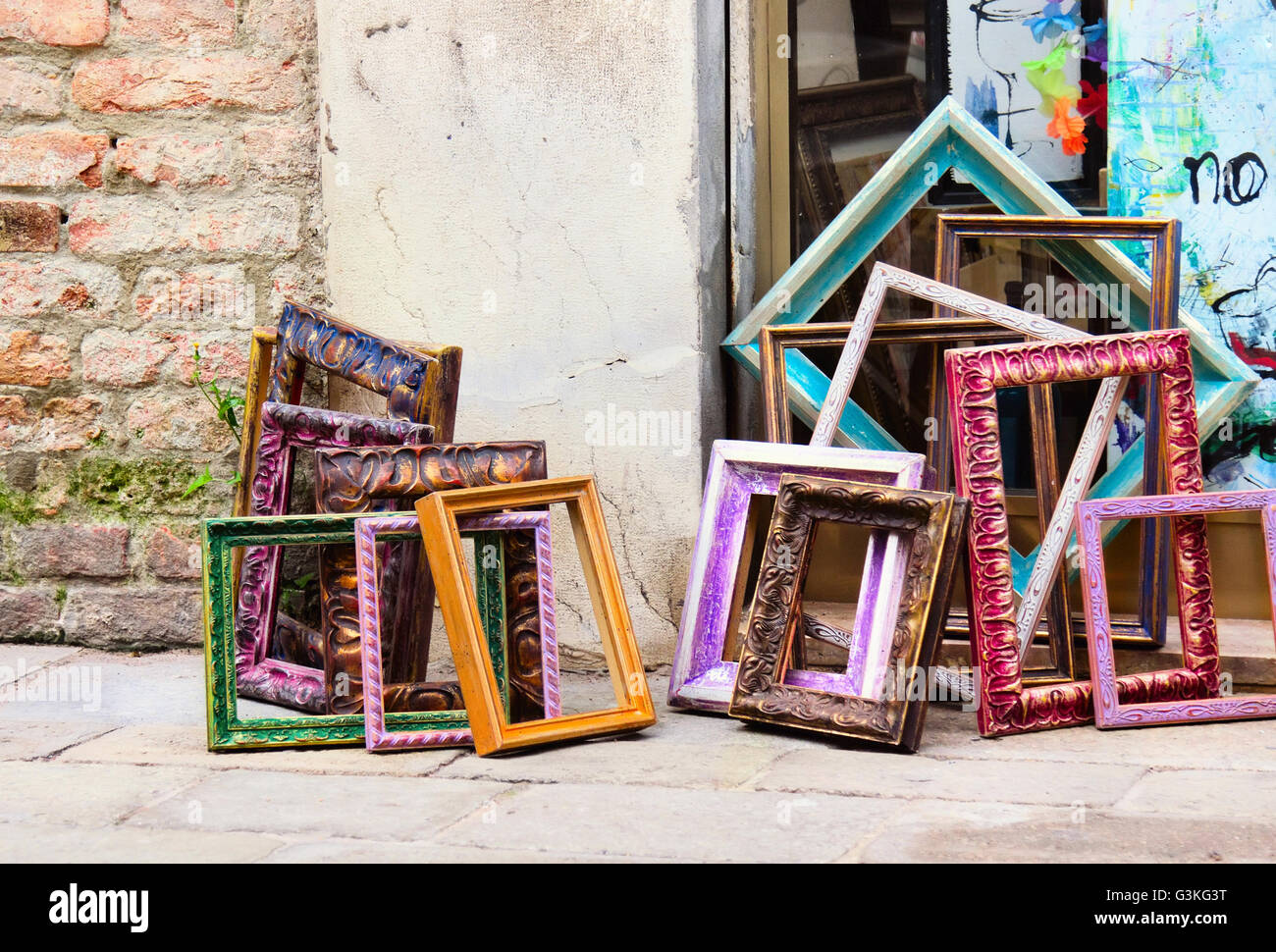 Variety of colored frames outdoors, street art Stock Photo - Alamy