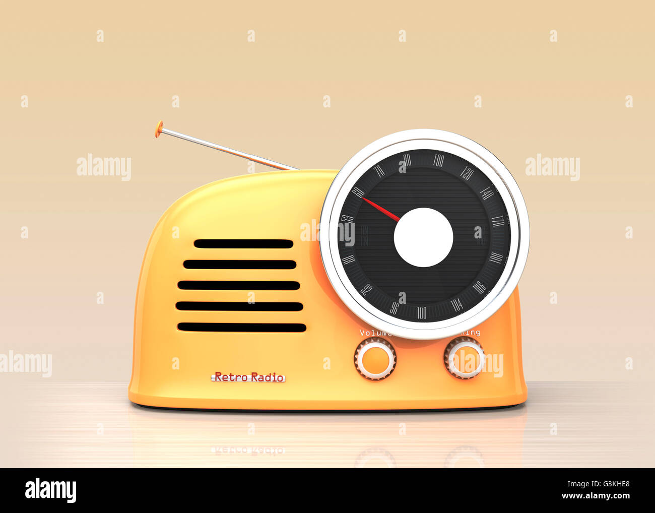 Light yellow retro style radio isolated on light gray background. 3D ...