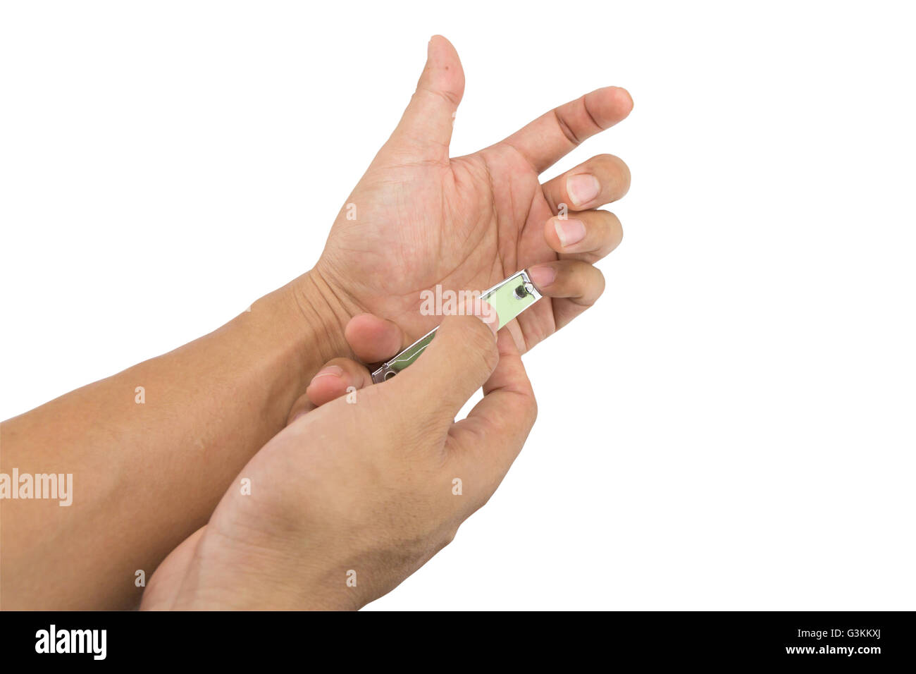 Man cutting fingernails with nail clipper isolated on white background ...