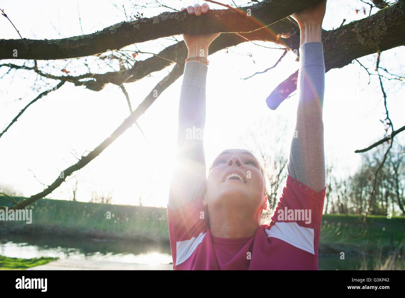 Women doing chin ups on tree branch, looking up Stock Photo - Alamy