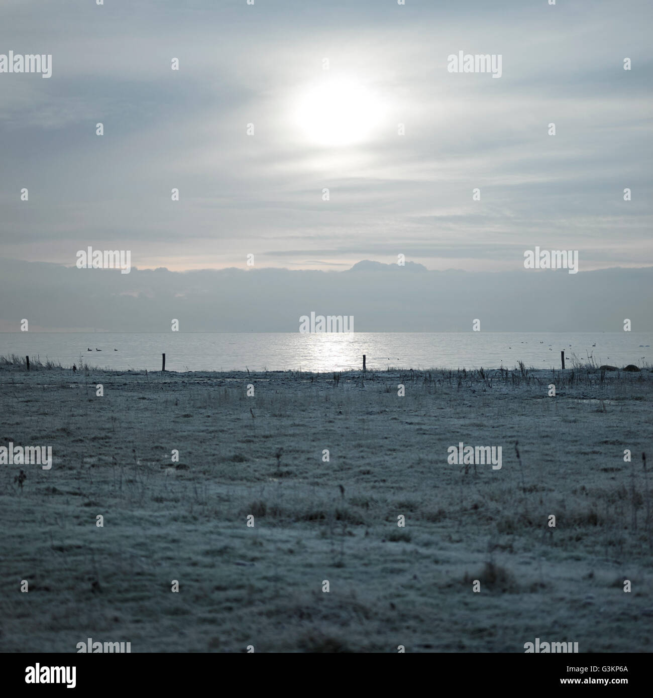 The sun in foggy sky over frozen landscape Stock Photo - Alamy