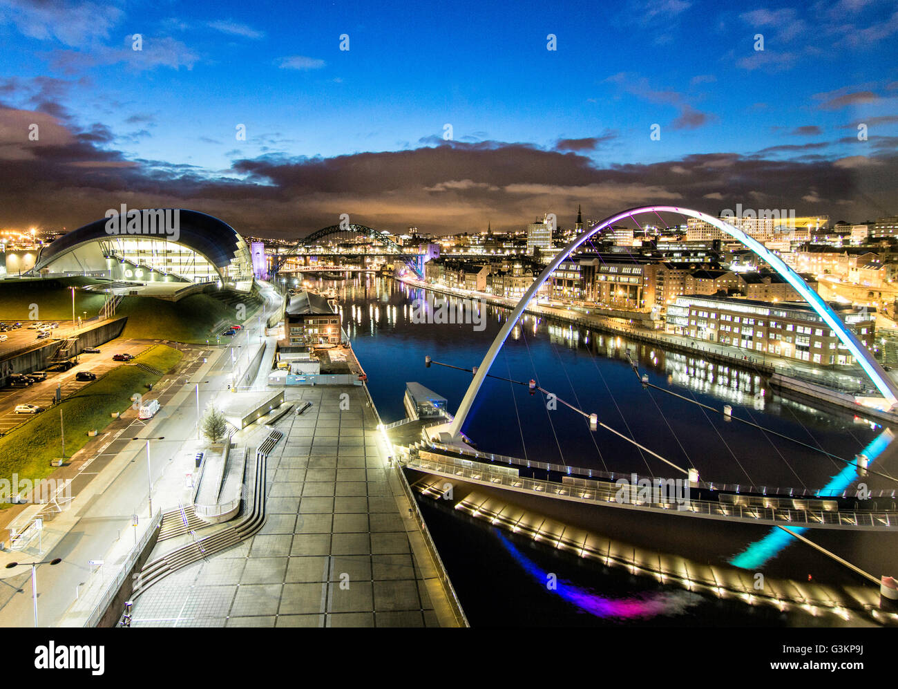 Millennium Bridge, Tyne Bridge and Sage Gateshead at night, Newcastle ...