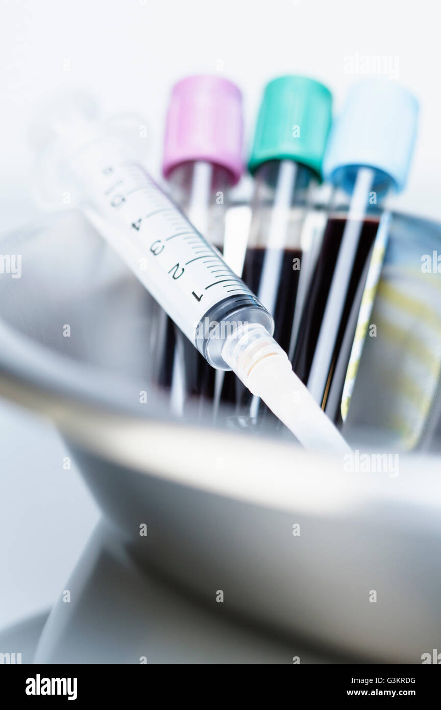 Vials of blood and syringe in kidney dish Stock Photo - Alamy