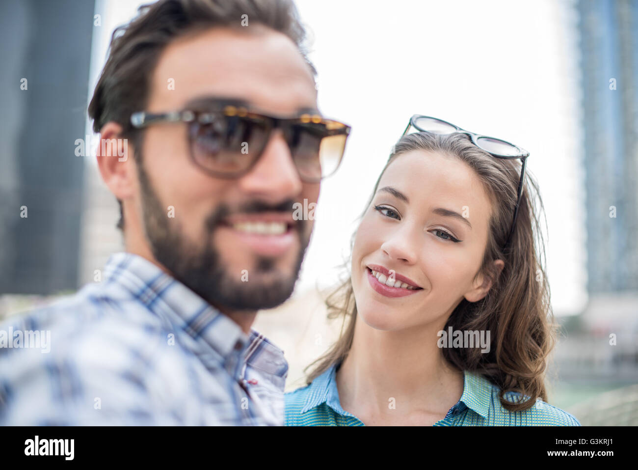 Tourist Couple Posing For Selfie Dubai United Arab Emirates Stock