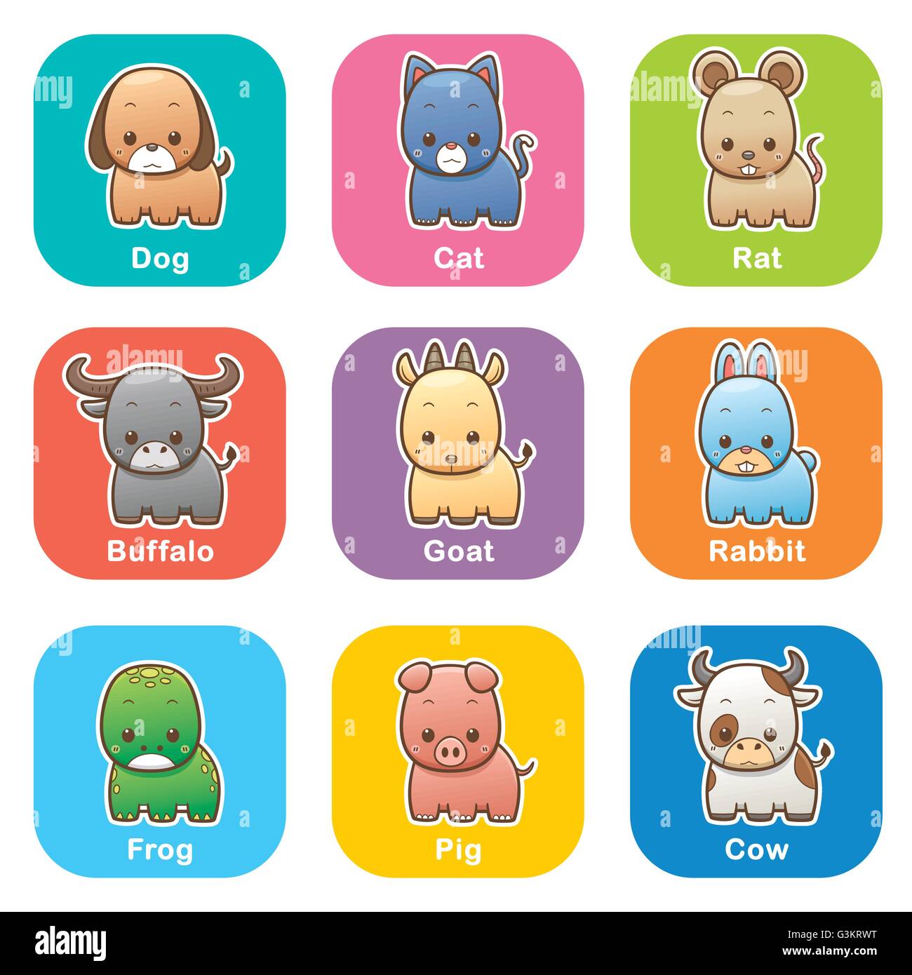 Vector illustration of Cartoon Animals set on color background Stock ...