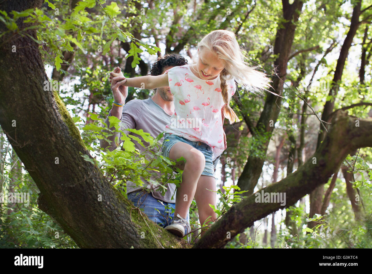 Father helping daughter to climb tree Stock Photo - Alamy