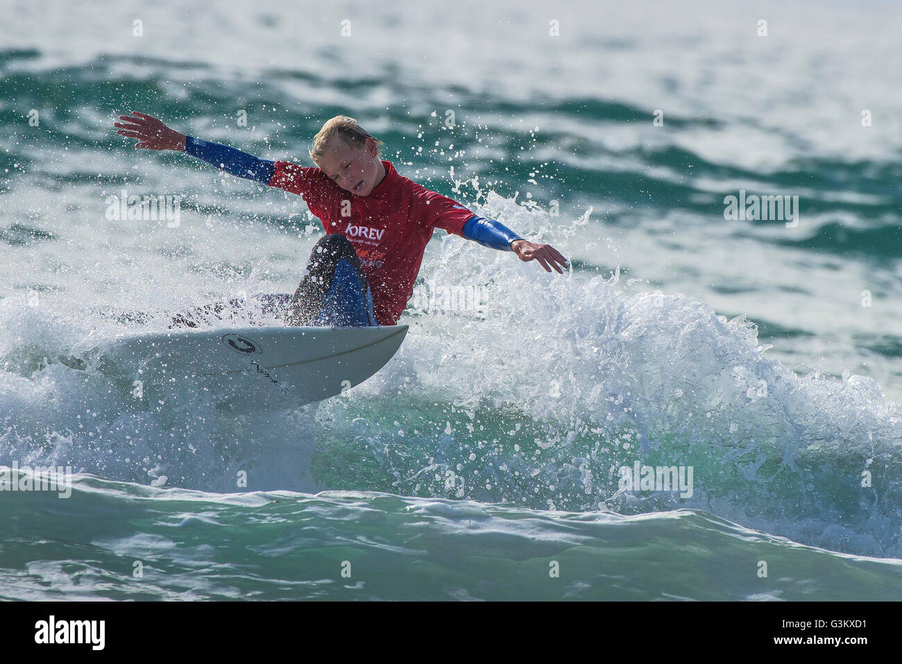 A surfer in spectacular action as he competes in a UK Pro Surf Tour ...