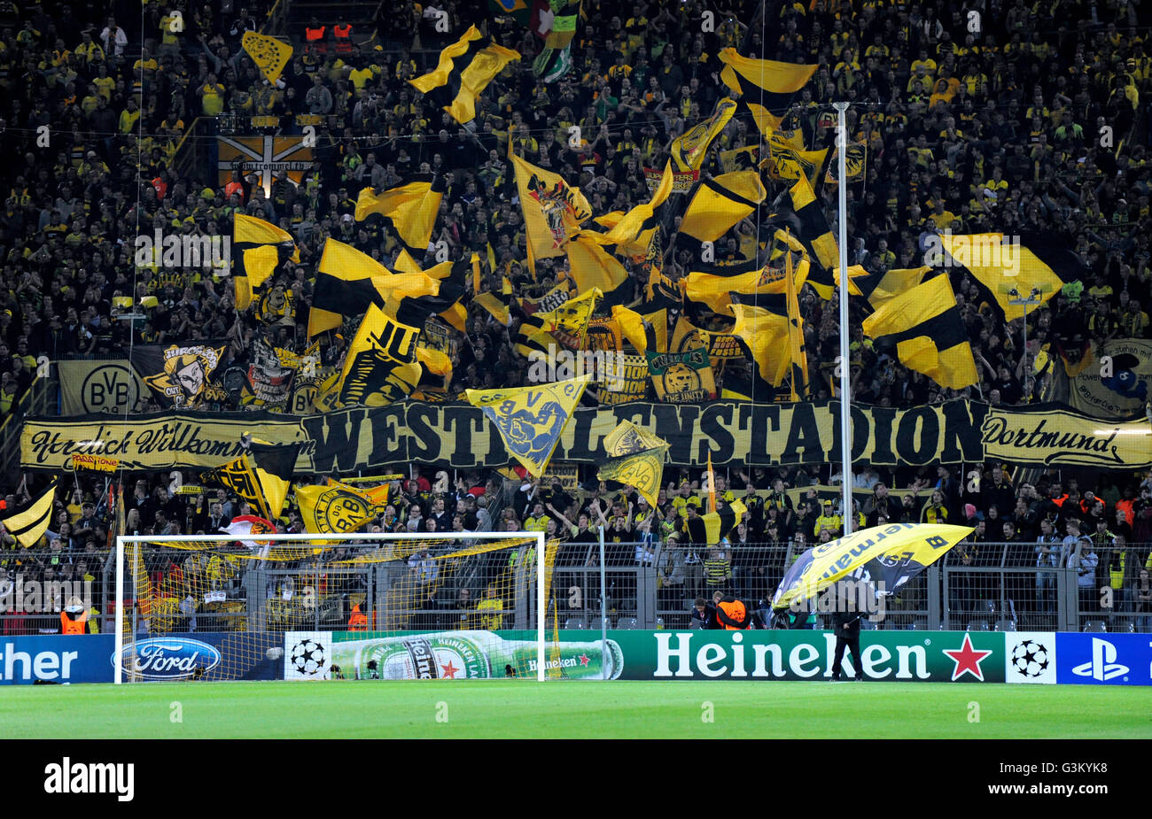 BVB fans in the south stand waving their flags before the start of the ...