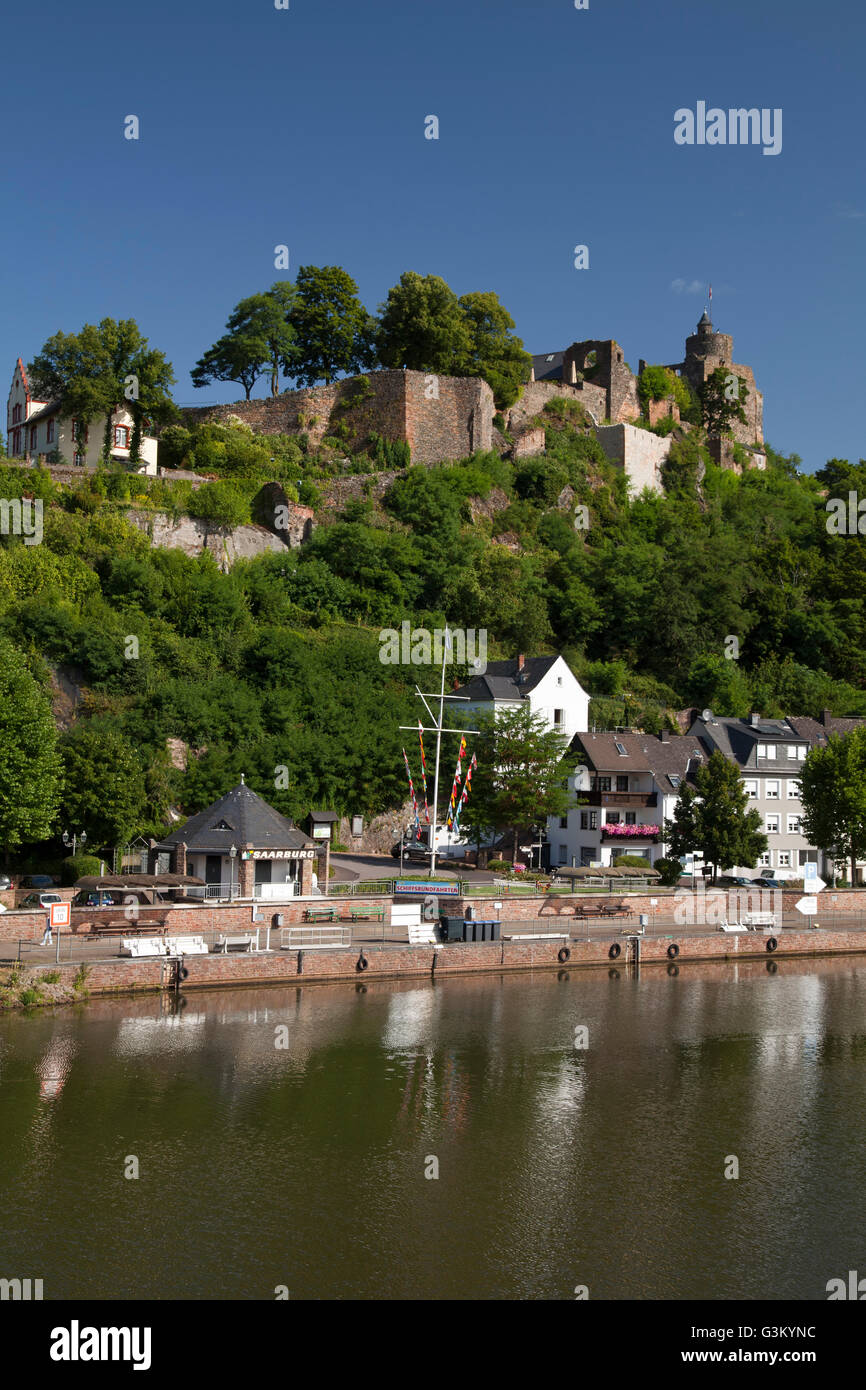 Saar shore with pier and above the Saarburg castle ruins, Saarburg, Saar river, Rhineland ...