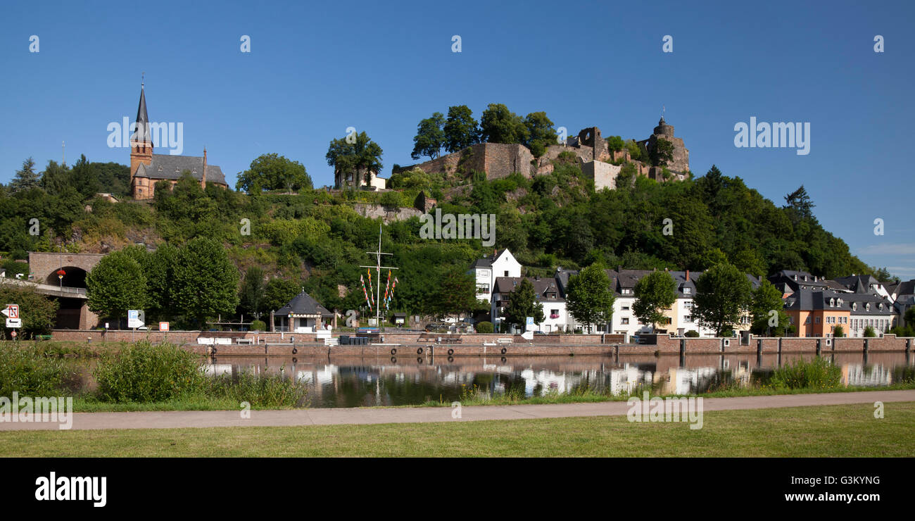 Saar shore with pier and above the Saarburg castle ruins, Saarburg, Saar river, Rhineland ...