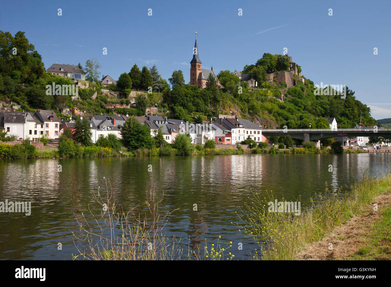 Saar banks with city view and Saarburg castle ruins, Saarburg, Saar river, Rhineland-Palatinate ...