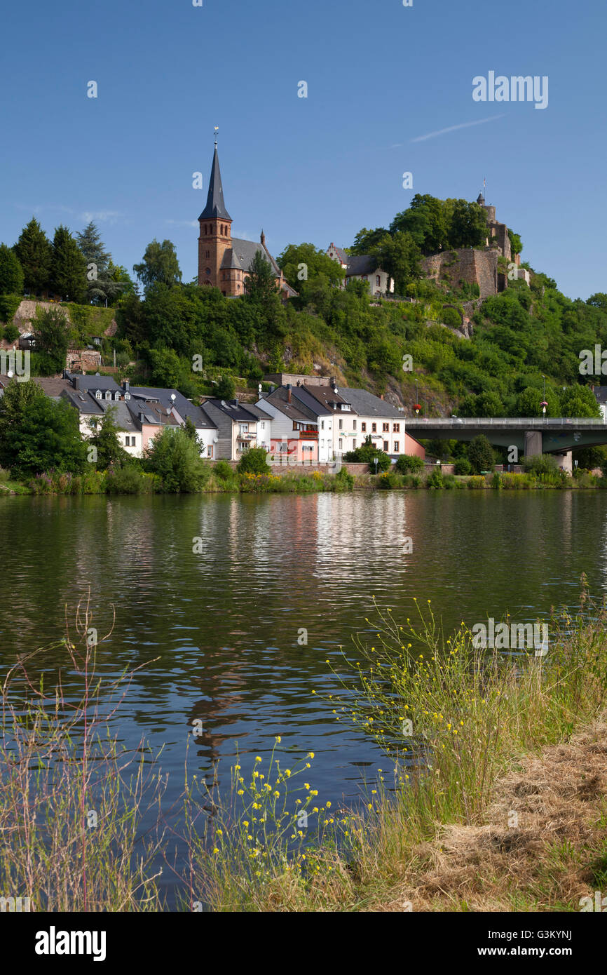 Saar banks with city view and Saarburg castle ruins, Saarburg, Saar river, Rhineland-Palatinate ...