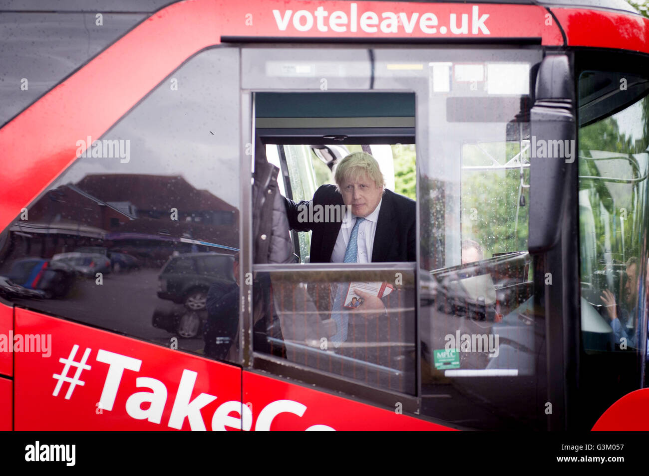 Boris Johnson look out from the Vote Leave bus in Henley in Berkshire ...