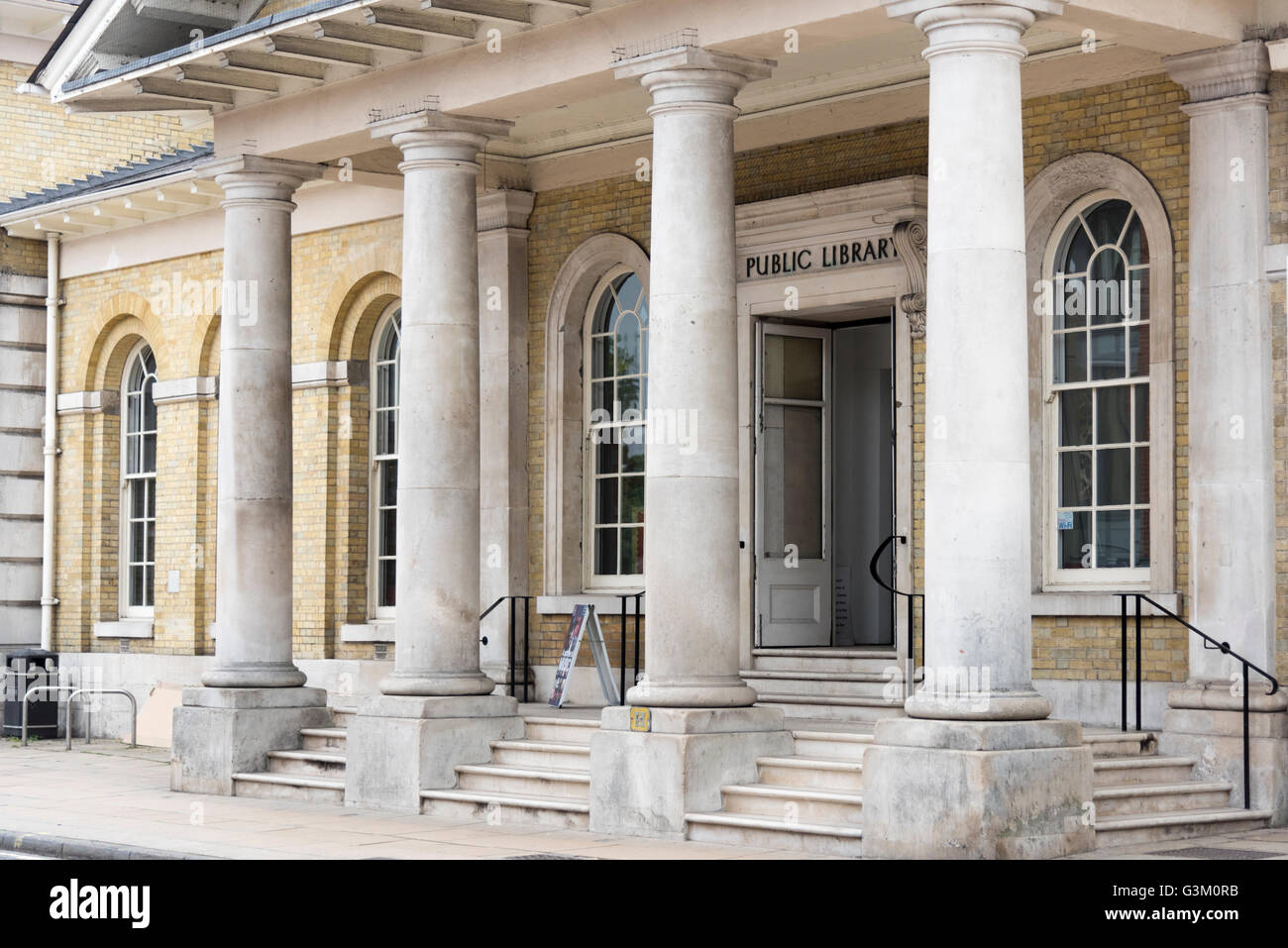 The public library building with columns at the entrance Winchester UK ...