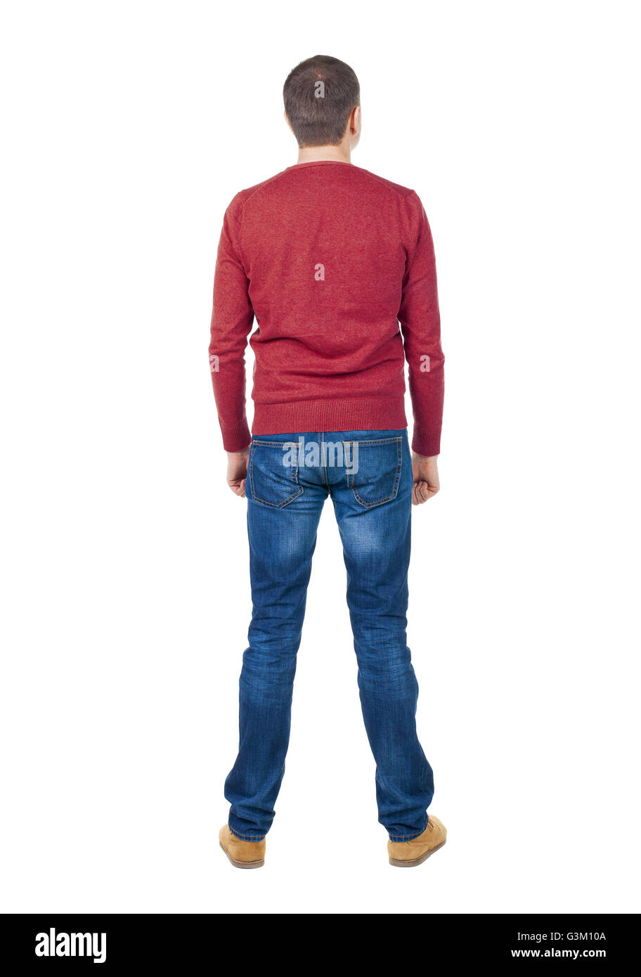Back view of handsome man in blue pullover. Standing young guy in ...