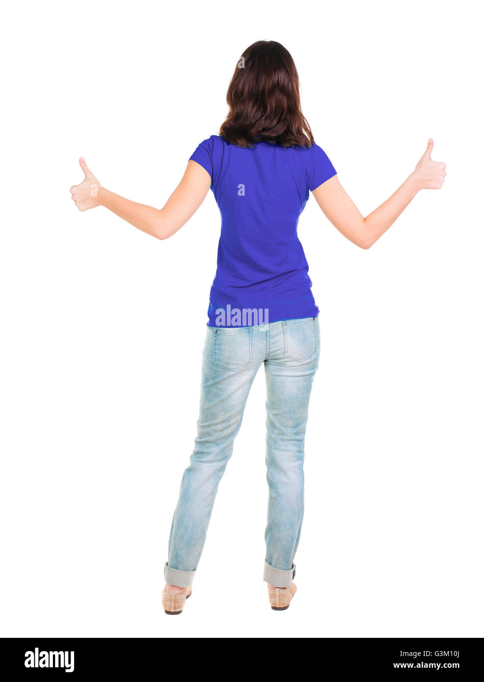 Back view of woman thumbs up. Rear view people collection. backside ...