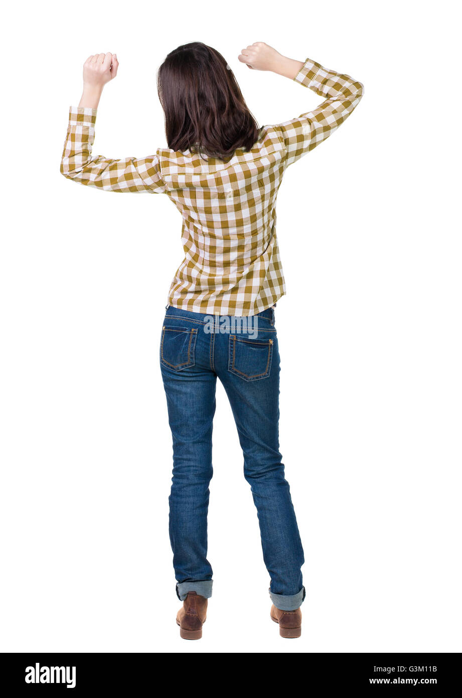 Back view of joyful woman celebrating victory hands up. Rear view ...