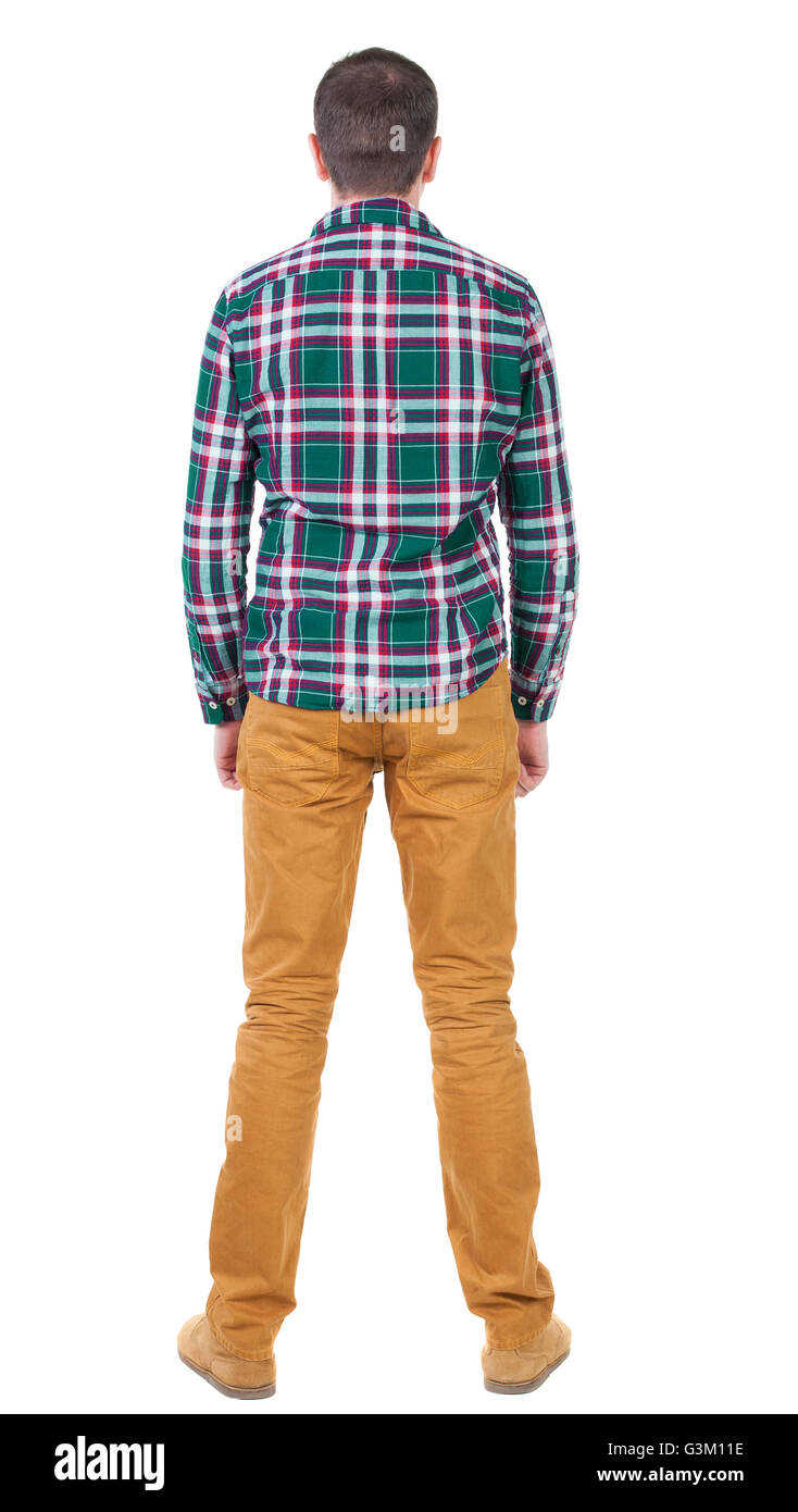 Back view of handsome man in checkered shirt looking up. Standing young ...