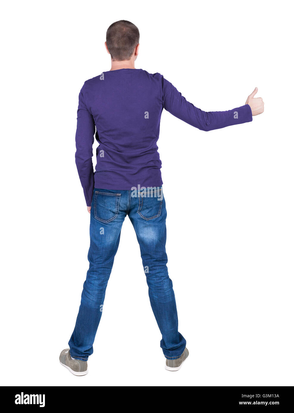 Back view of man in t-shirt. shows thumbs up. Rear view people ...