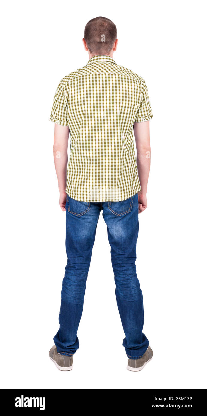 Back view of handsome man in shirt looking up. Standing young guy in ...