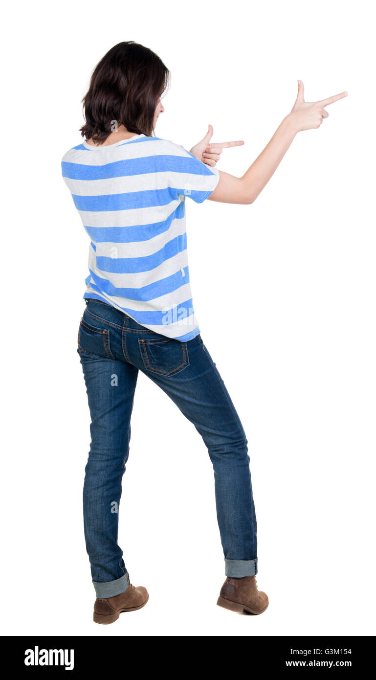 Back view of pointing woman. beautiful brunette girl. Rear view people ...