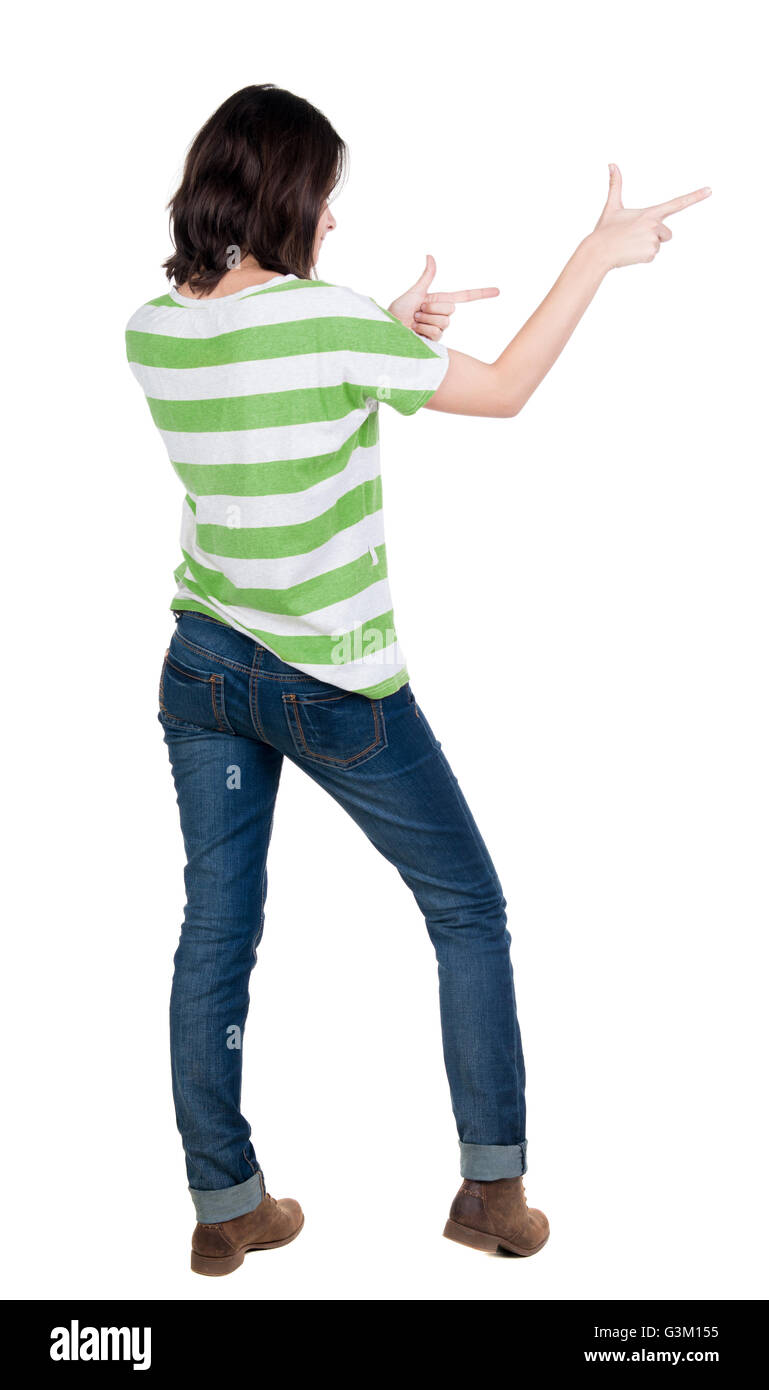 Back view of pointing woman. beautiful brunette girl. Rear view people ...