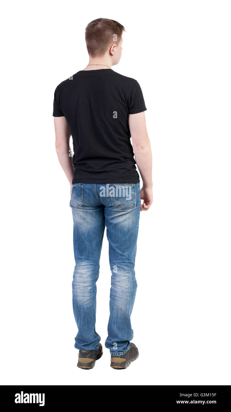 Back view of man in jeans. Standing young guy. Rear view people ...