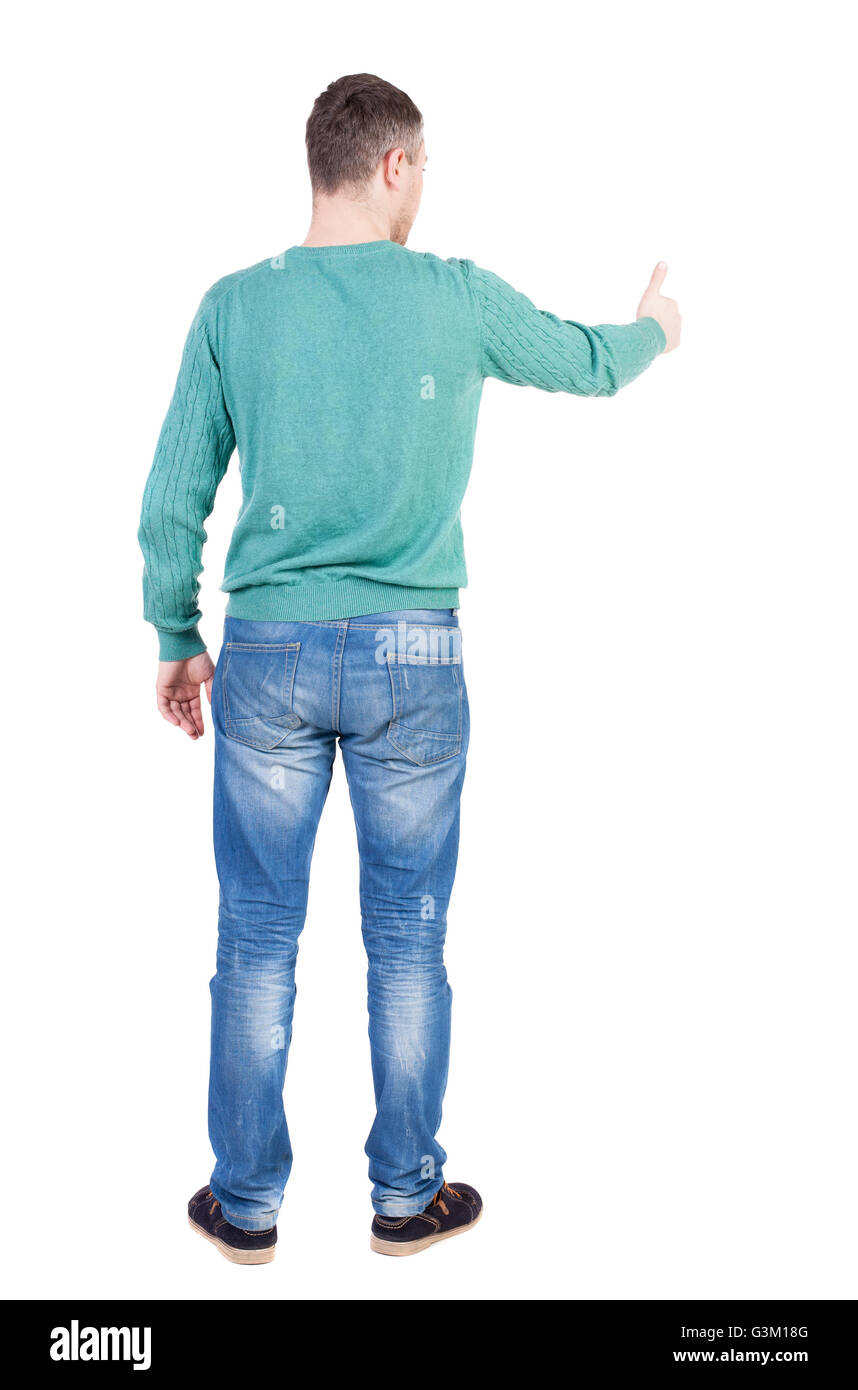 Back view of man thumbs up. Rear view people collection. backside view ...