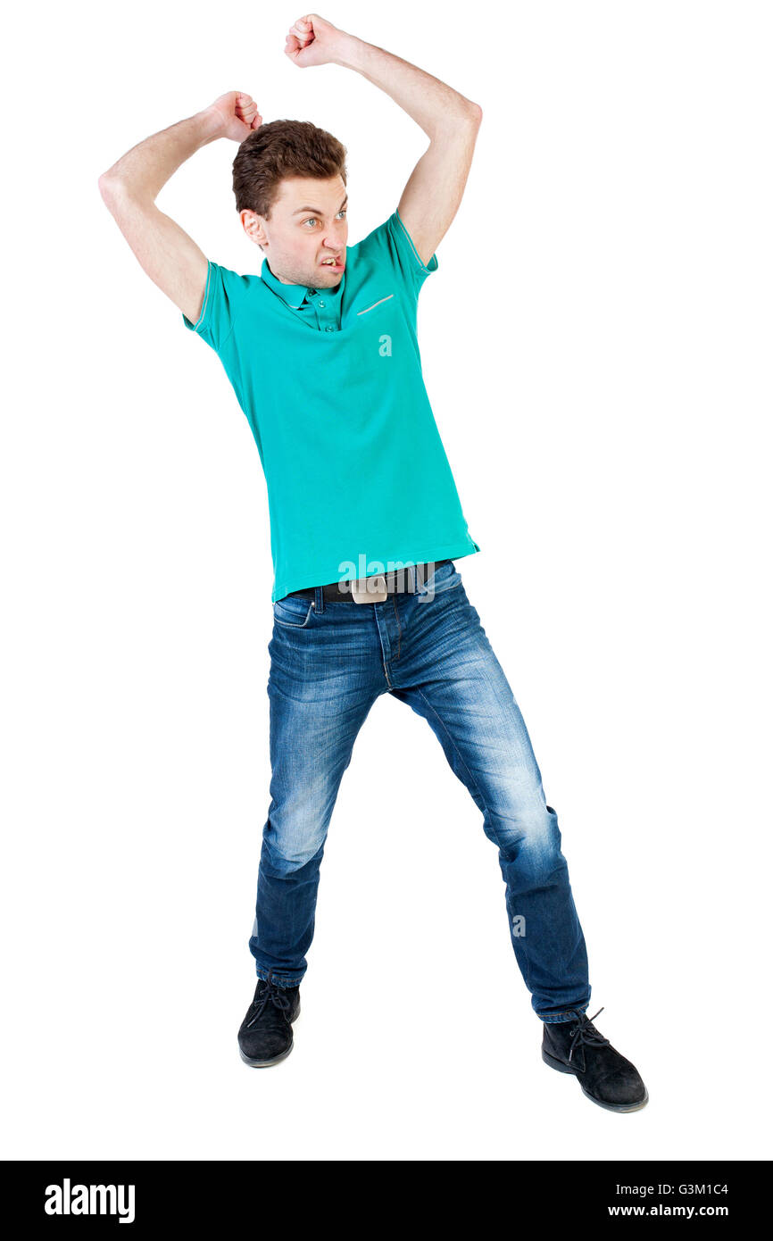 skinny guy funny fights waving his arms and legs. Isolated over white ...