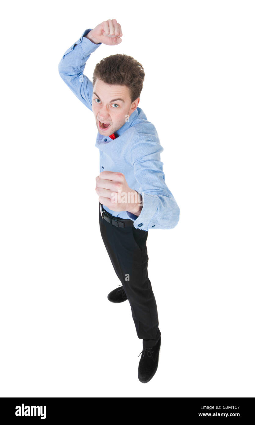 skinny guy funny fights waving his arms and legs. Isolated over white ...