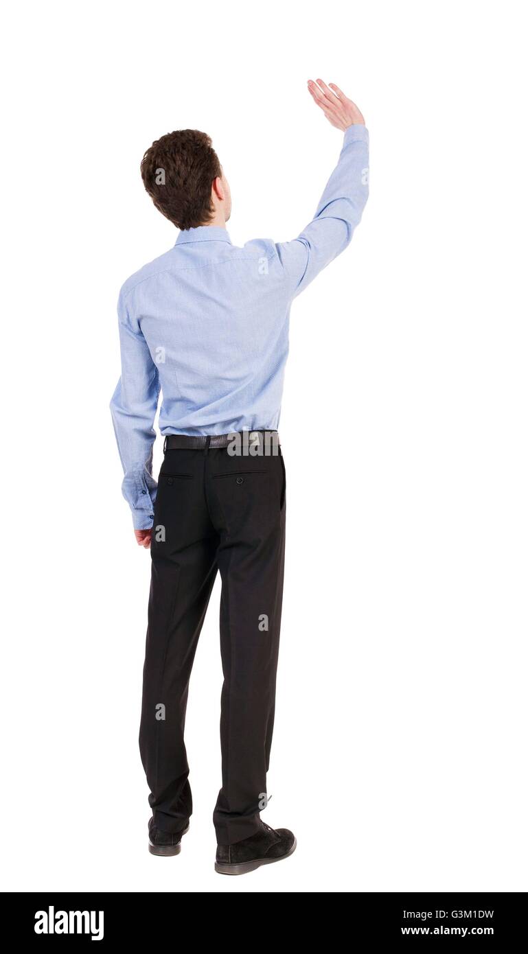 Back view of beautiful business man welcomes. Young businessman in suit ...