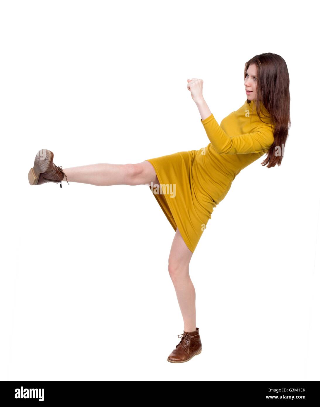 skinny woman funny fights waving his arms and legs. Isolated over white ...