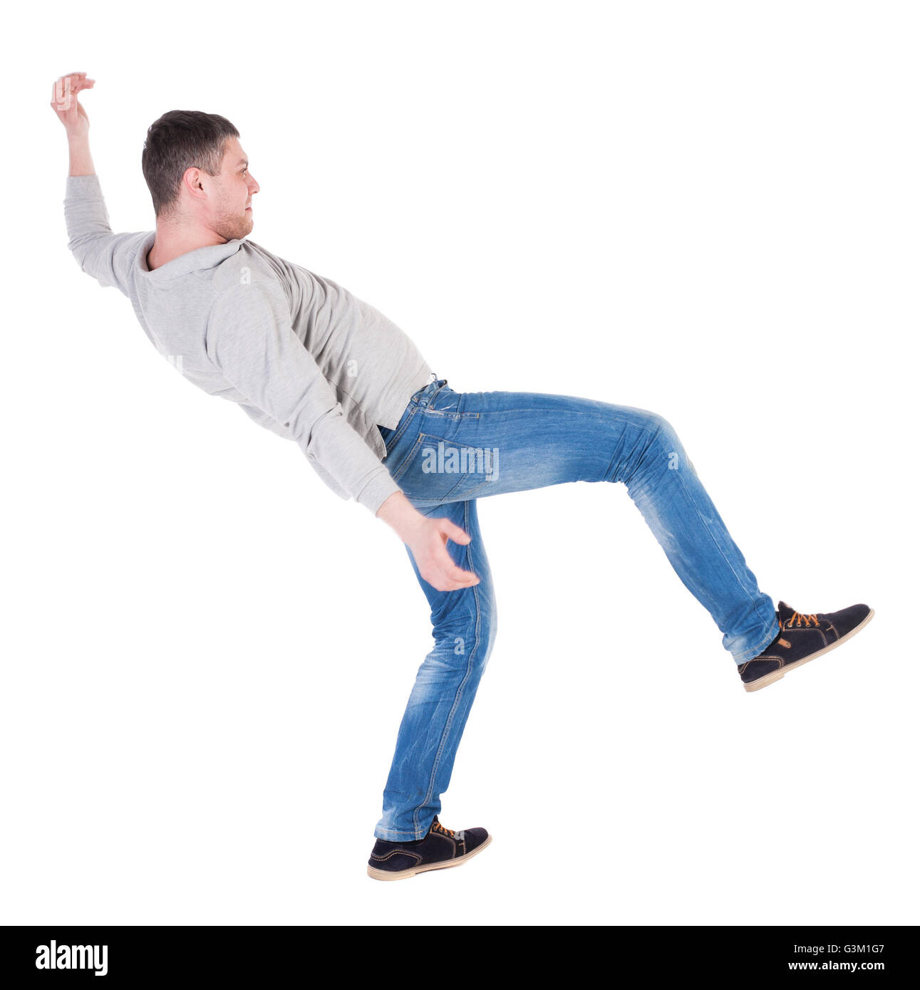 Back view man Balances waving his arms. Rear view people collection ...