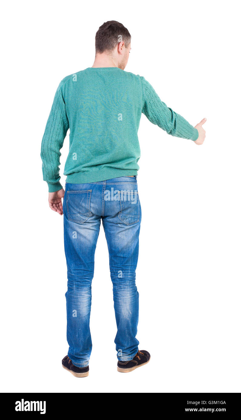 Back view of man thumbs up. Rear view people collection. backside view ...