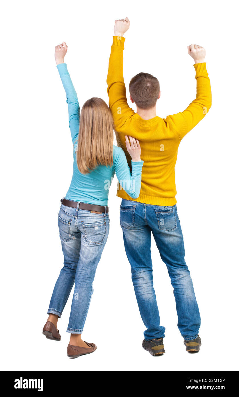 Back view of dancing young couple(men and women). Dance party. girls ...