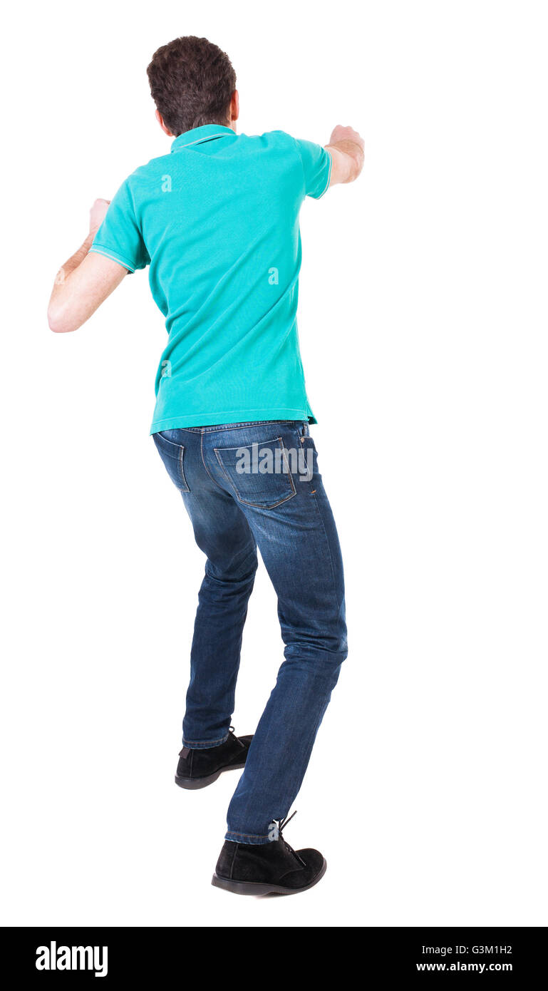 back view of skinny guy funny fights waving his arms and legs. Isolated ...