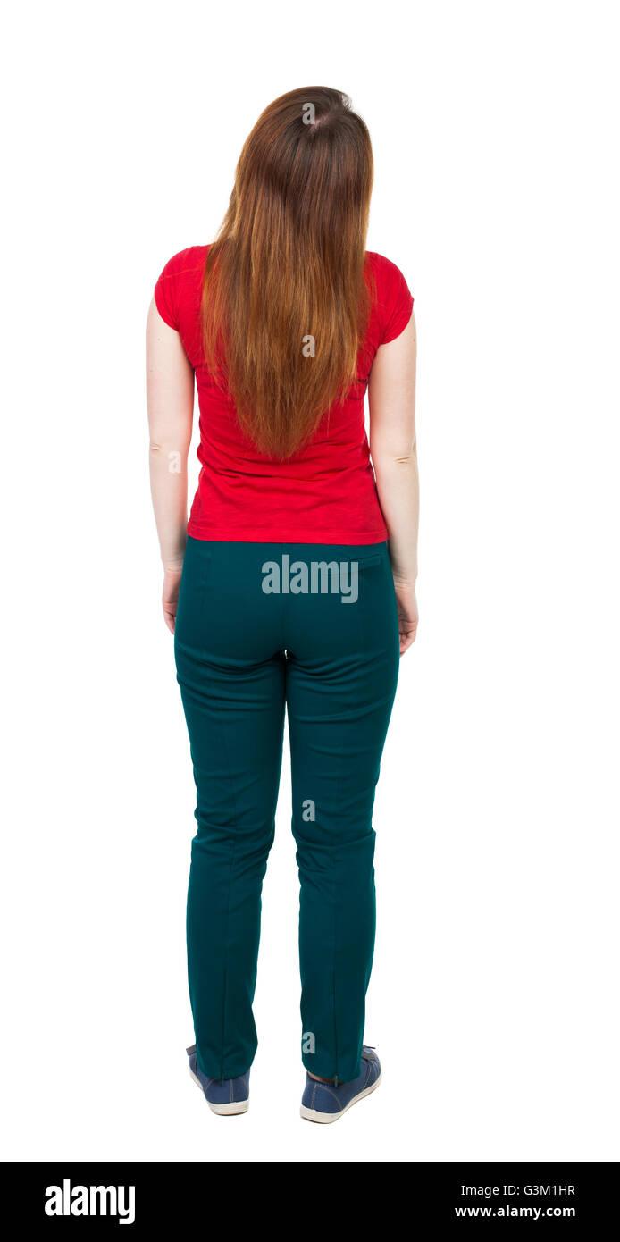 back view of standing young beautiful woman. girl watching. Rear view ...