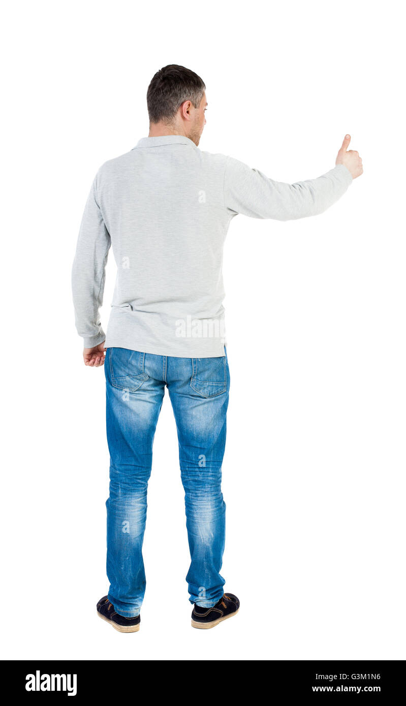 Back view of man in shirt shows thumbs up. Rear view people collection ...